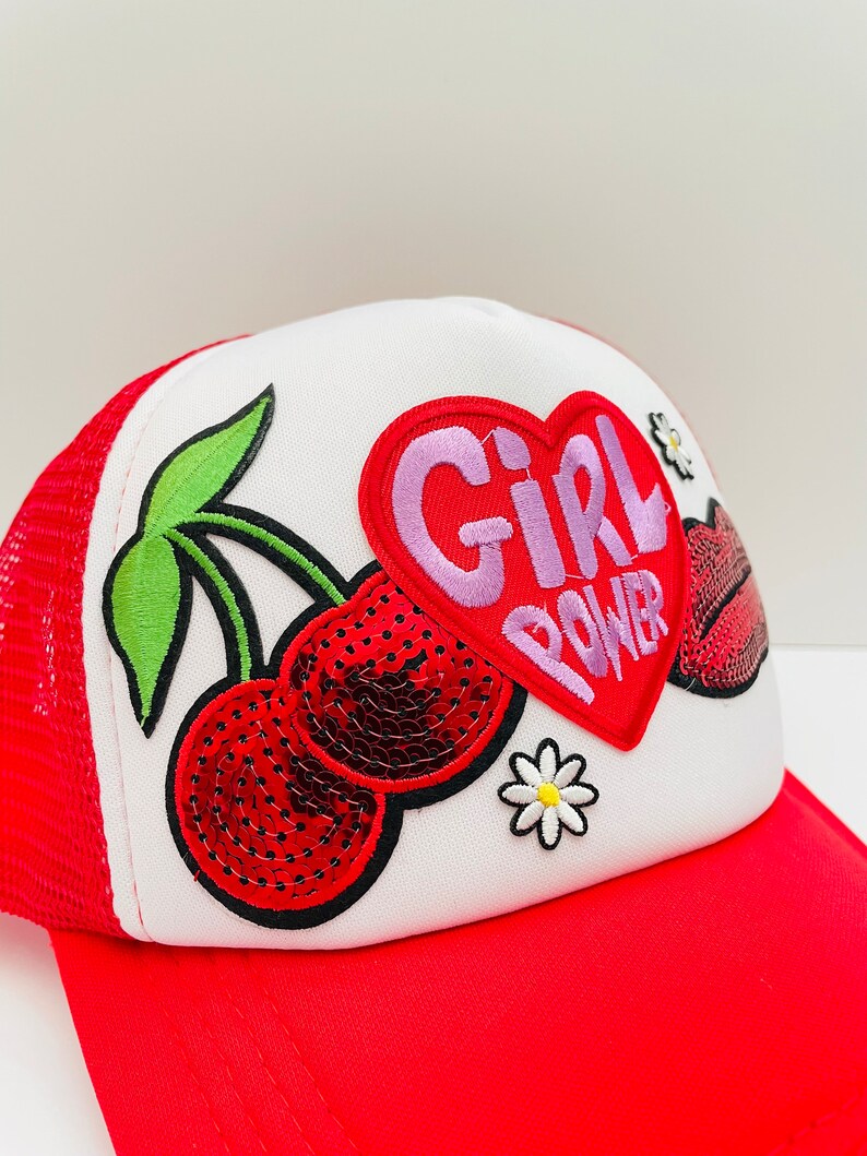 Girl Power Red Trendy Patched Trucker Hat With Iron on Patches- Red ...