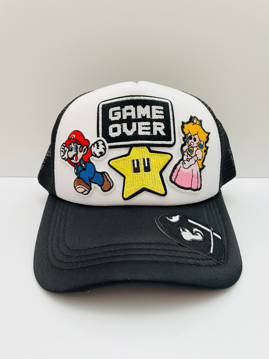 Mario & Princess Peach Game Over White and Black Custom Trucker Patch ...