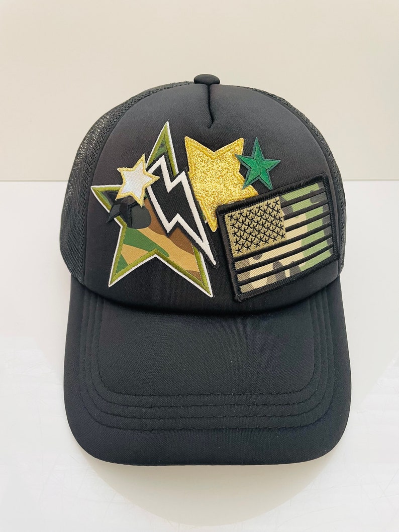 Black Camoflauge Trucker Hat With Iron on Patches - USA Hat, Military ...