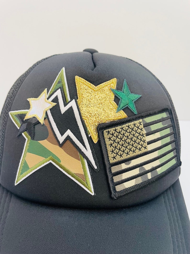 Black Camoflauge Trucker Hat With Iron on Patches - USA Hat, Military ...