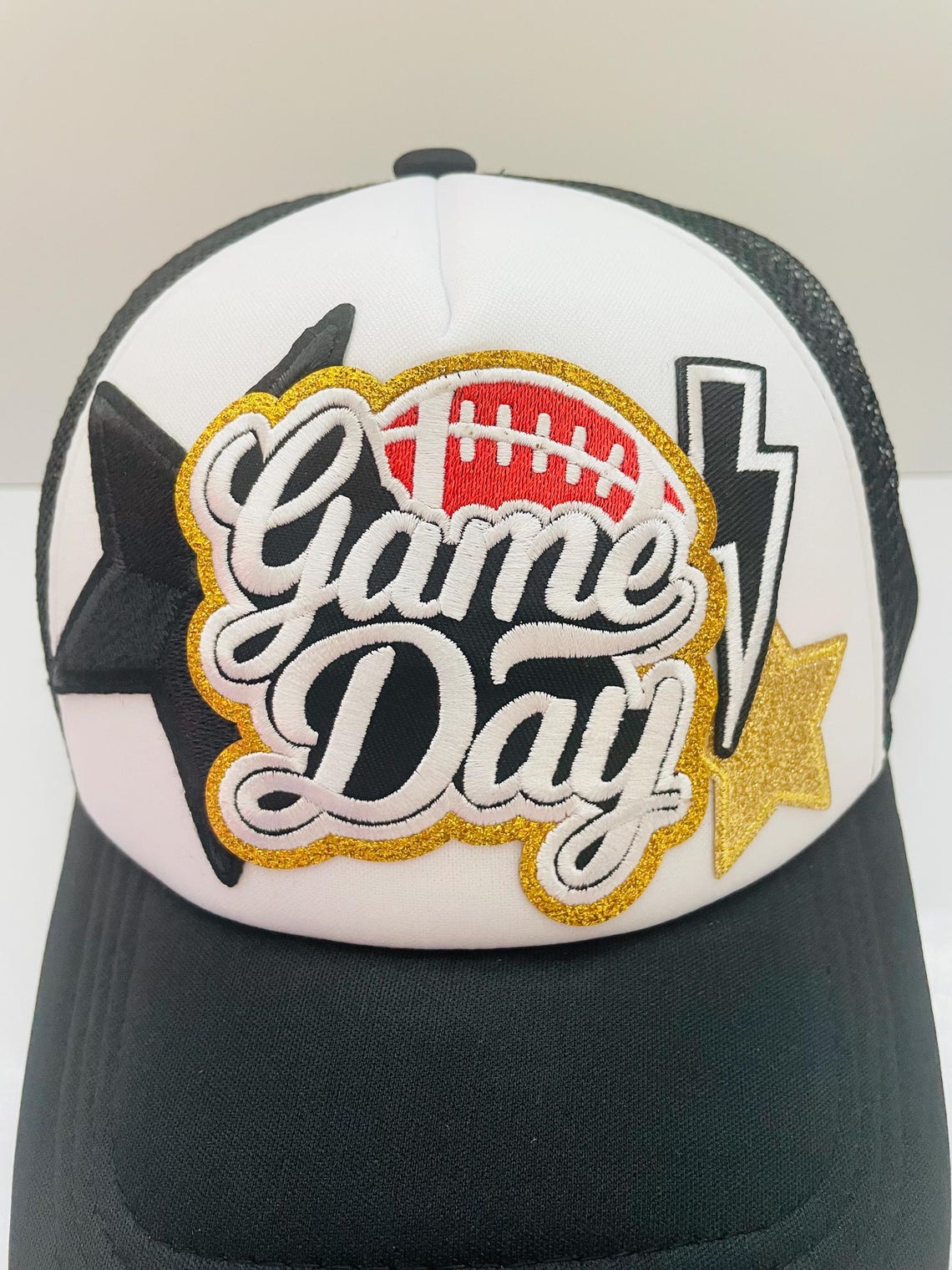 Game Day Football Trucker Hat With Iron on Patches- Black and White ...