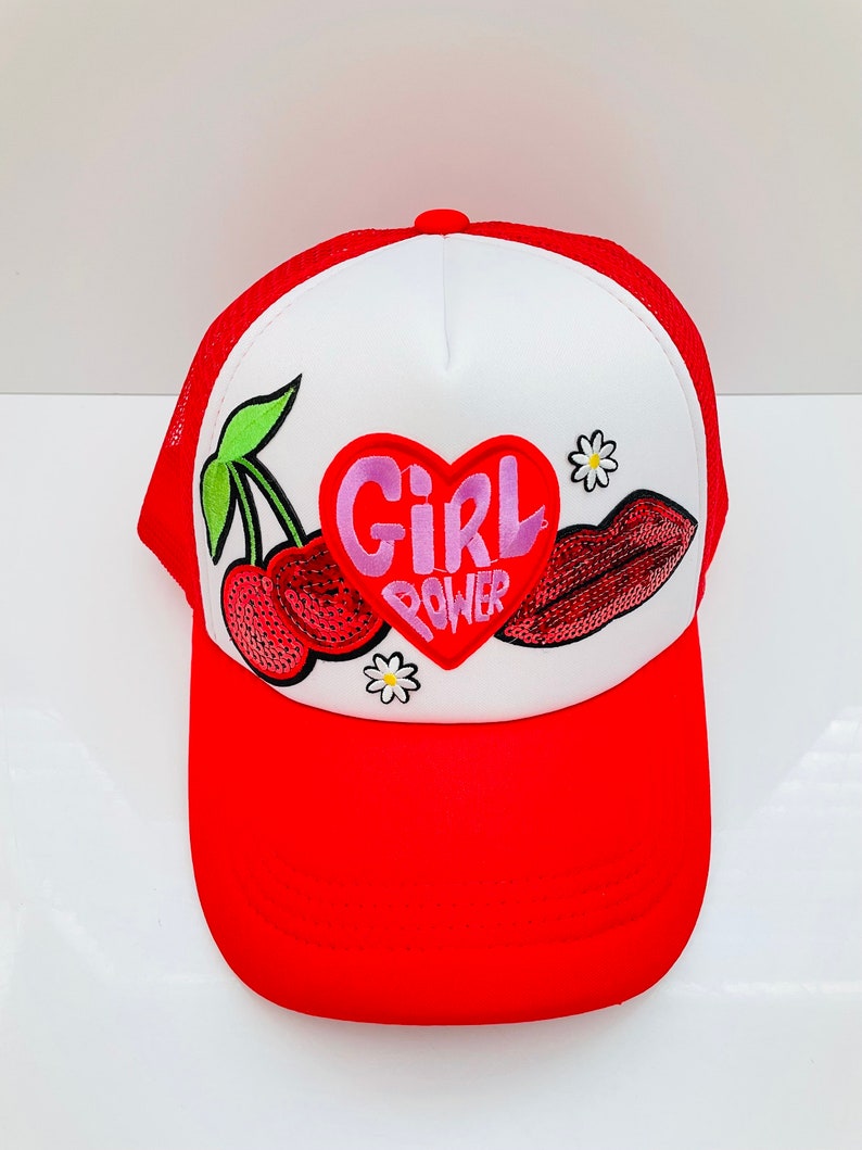 Girl Power Red Trendy Patched Trucker Hat With Iron on Patches- Red ...