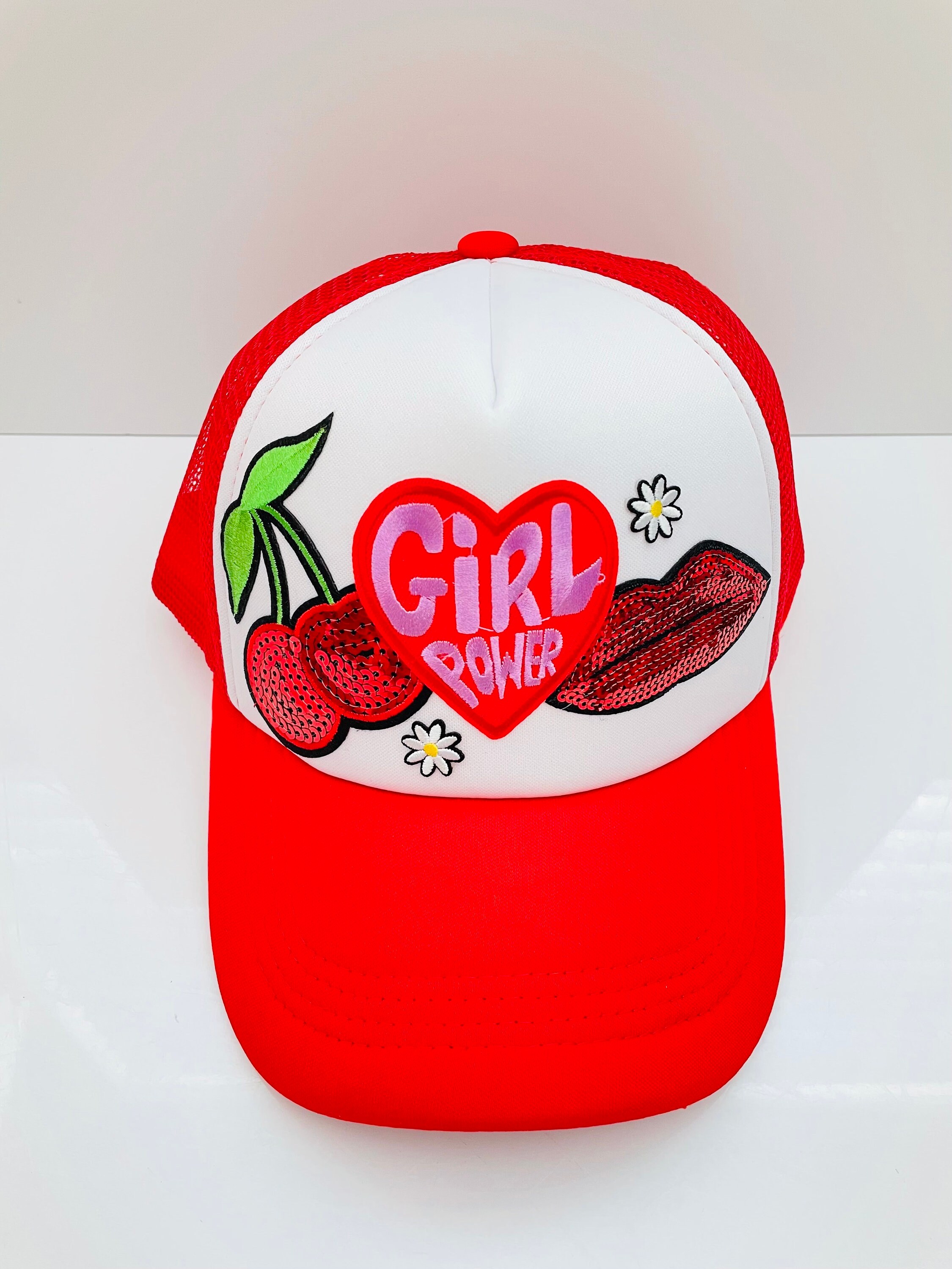 Girl Power Red Trendy Patched Trucker Hat With Iron on Patches- Red ...