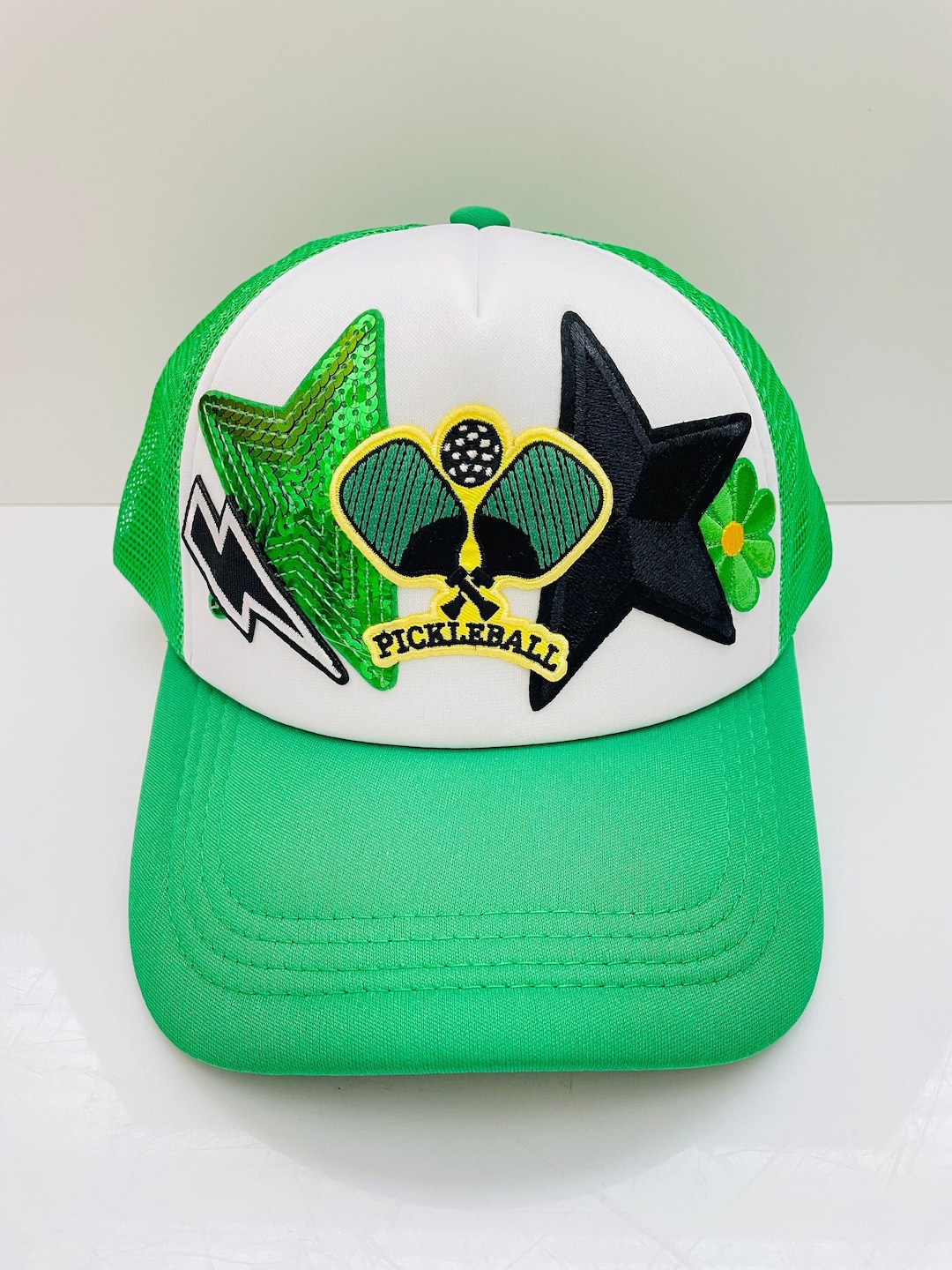 Pickleball Green Trucker Hat With Iron on Patches- Pickleball Logo With ...