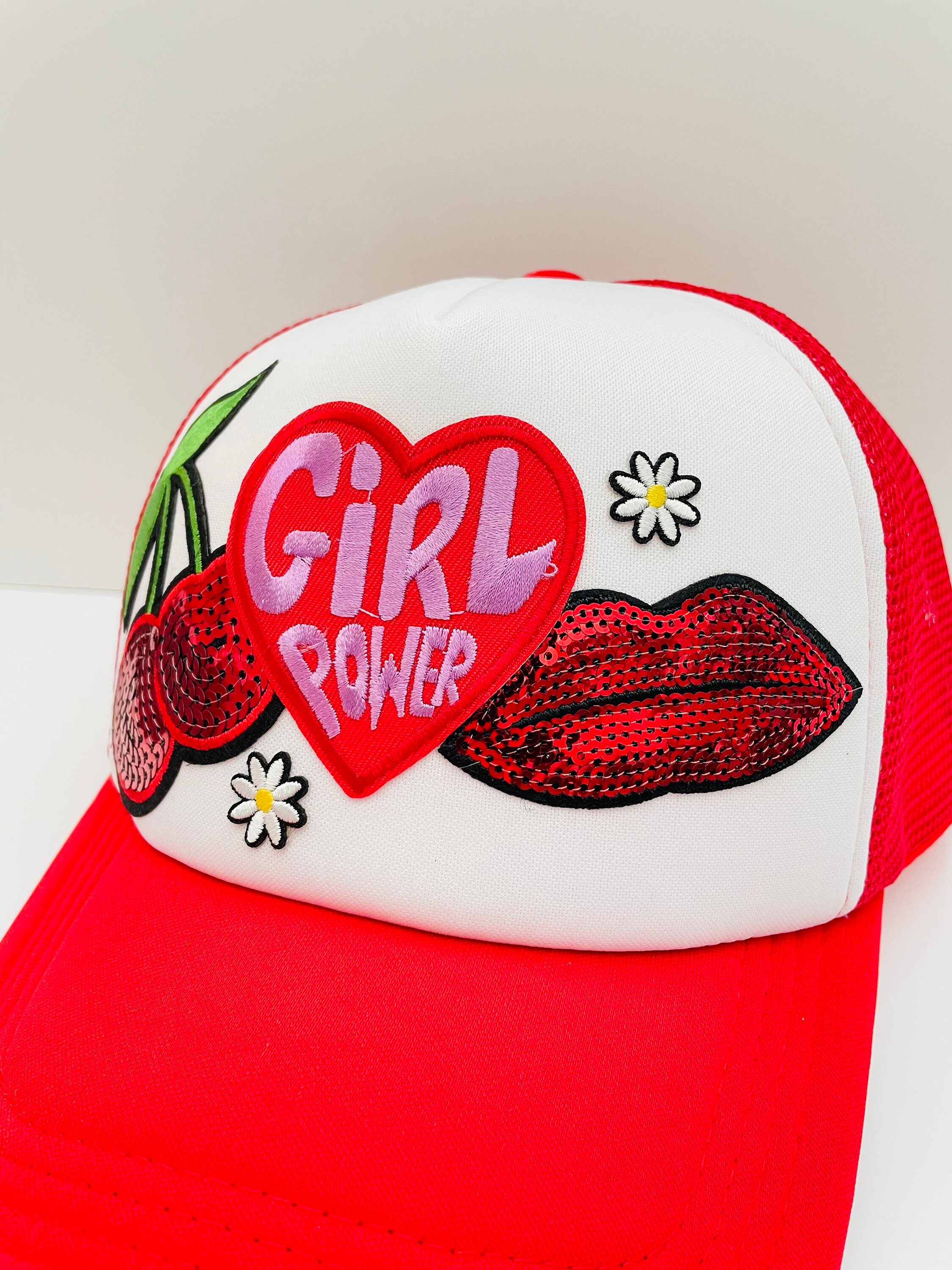 Girl Power Red Trendy Patched Trucker Hat With Iron on Patches- Red ...