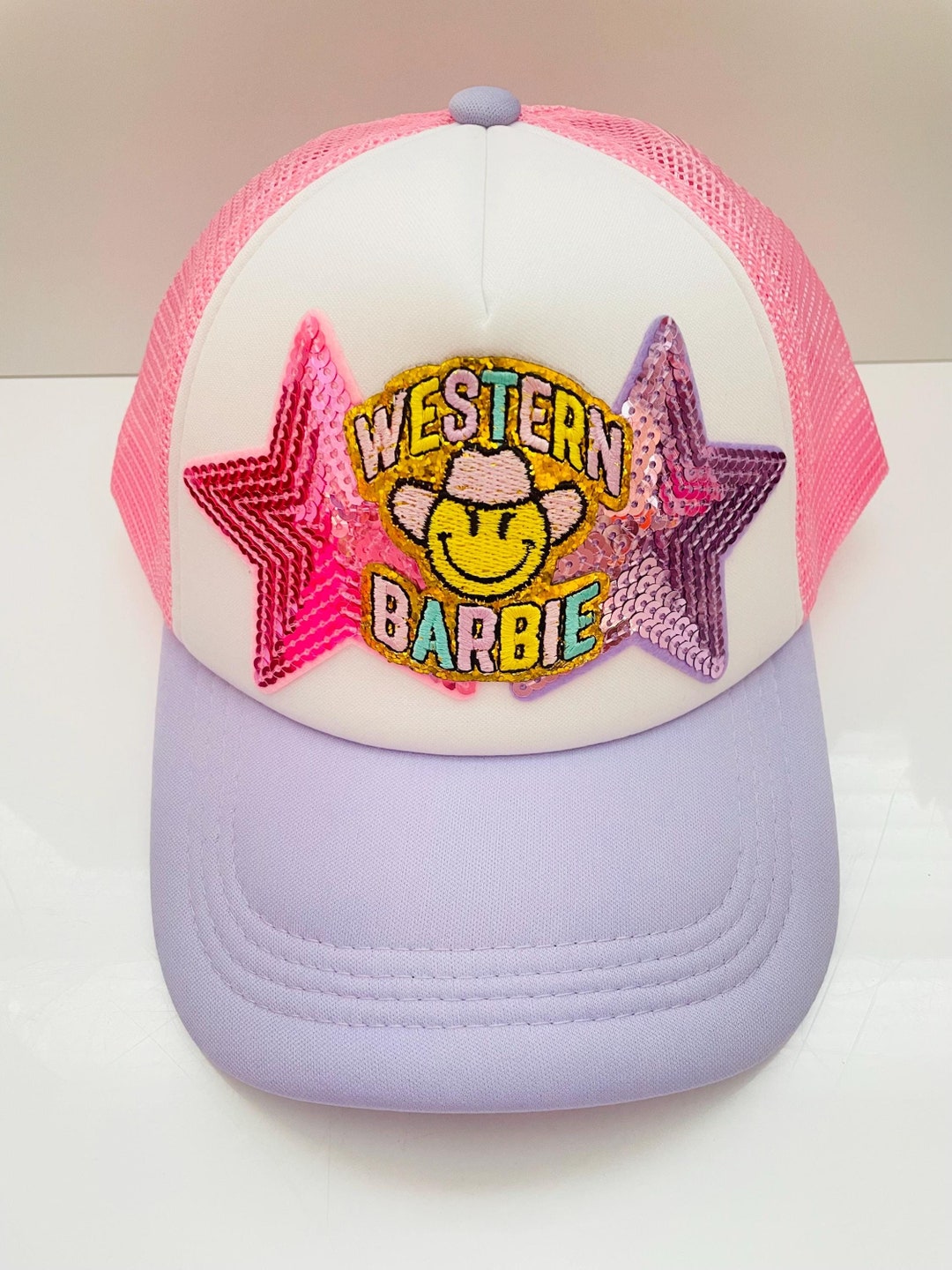 Western Barbie Trendy Trucker Hat With Iron on Patches- Pink and Purple ...