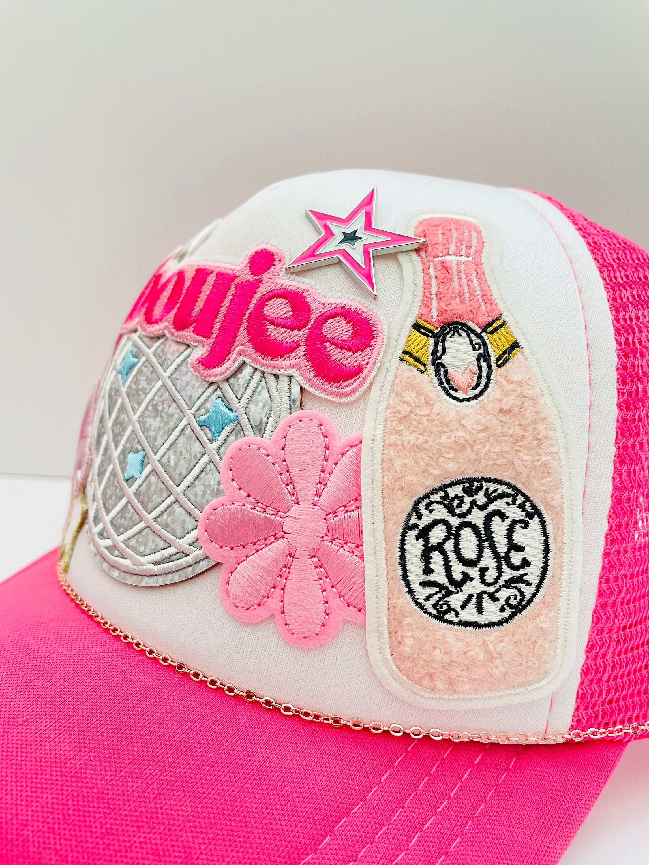 Boujee With Disco Ball and Rose Bottle Pink and White Trendy Patched Trucker Hat With Iron on ...
