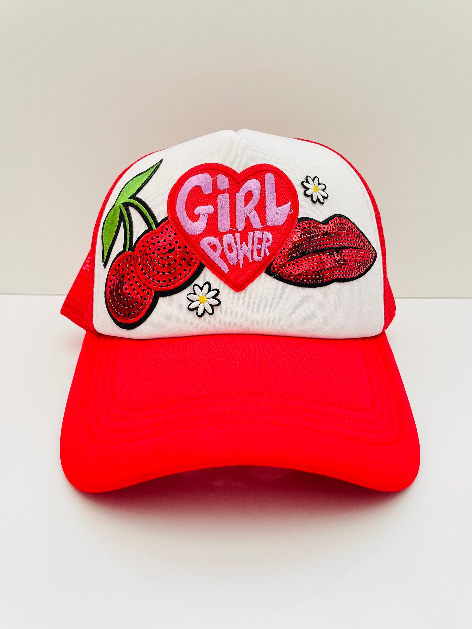Girl Power Red Trendy Patched Trucker Hat With Iron on Patches- Red ...