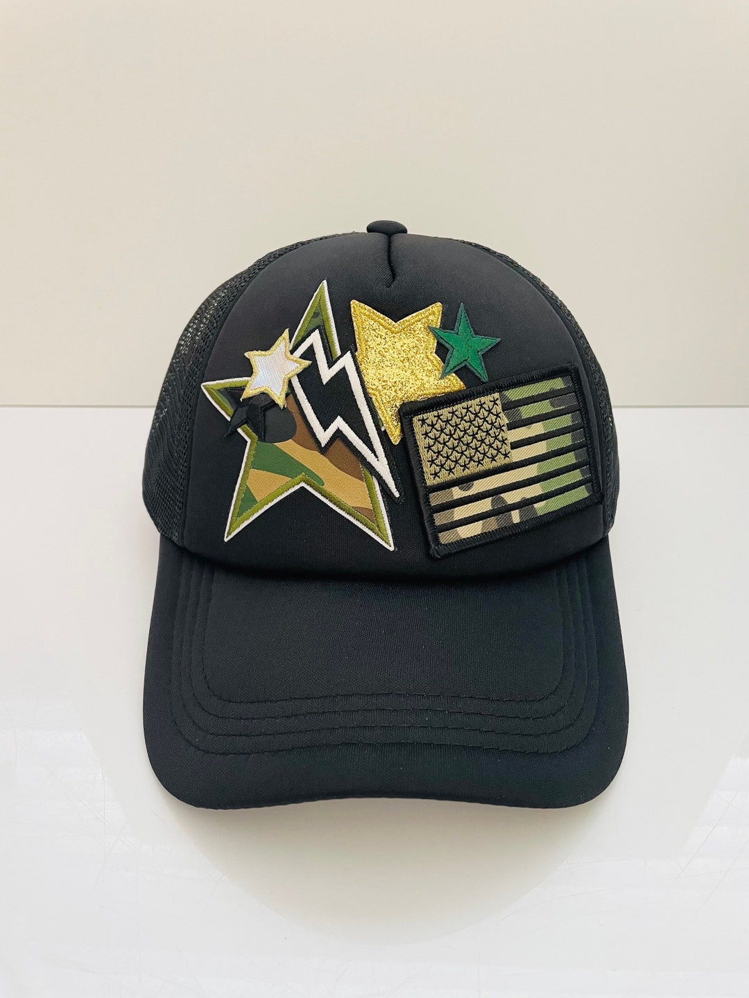 Black Camoflauge Trucker Hat With Iron on Patches - USA Hat, Military ...