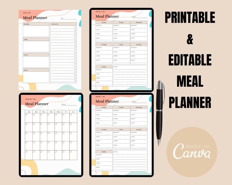 EDITABLE Meal Planner, Daily Meal Planner, Weekly Meal Planner, Monthly ...