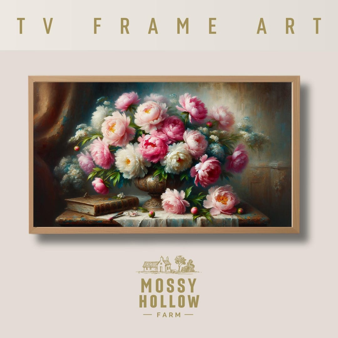 Peony Bouquet TV Frame Art Oil Painting Peony Pink Hawaiian White Peony ...