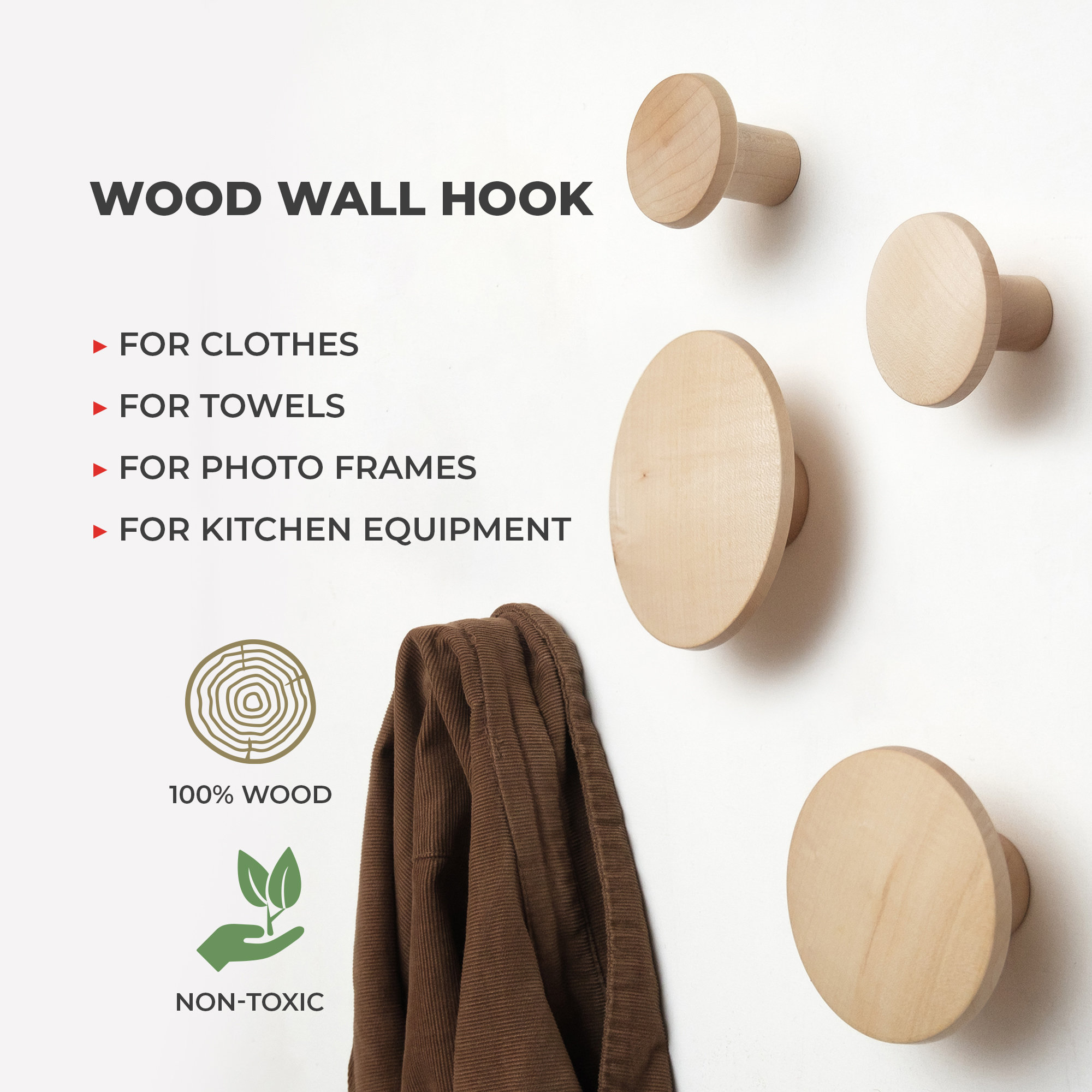 Wall Hooks Wood Set OAK, Round Coat Hook, Hooks Wall Decor, Clothing ...