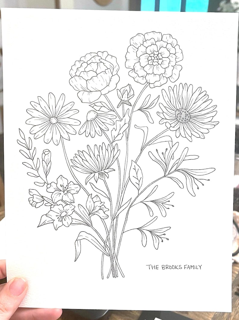 Line Drawing Family Birth Month Bouquet | Personalized Birth Flower ...