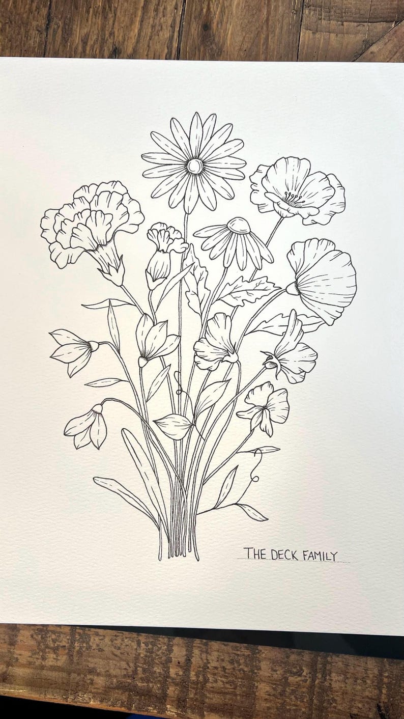 Line Drawing Family Birth Month Bouquet | Personalized Birth Flower ...