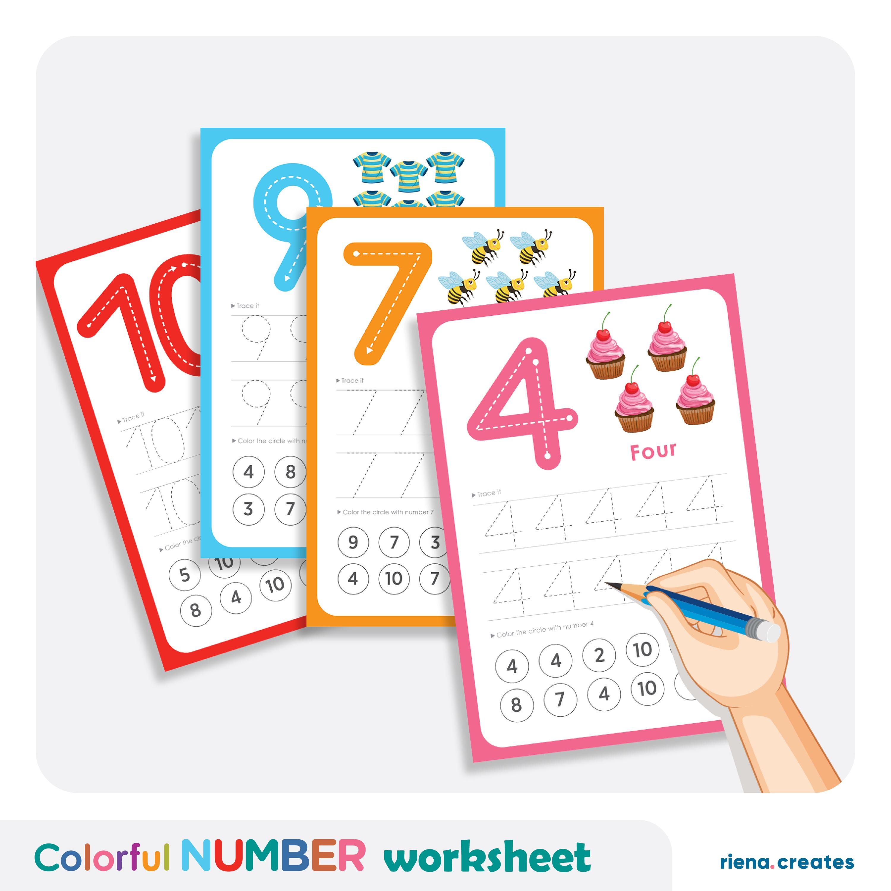 Colorful Number Flashcard and Worksheet | Preschool and Kindergarten ...