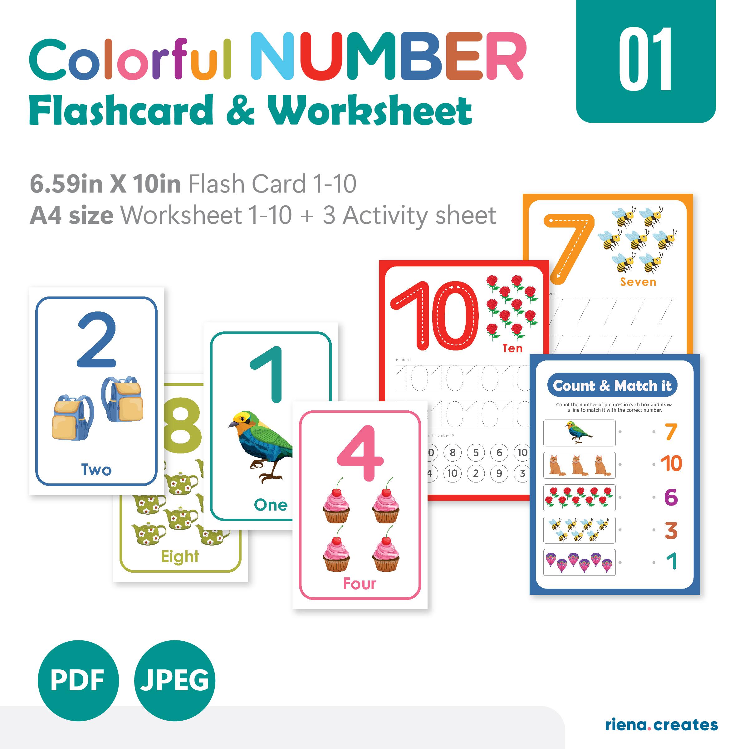 Colorful Number Flashcard and Worksheet | Preschool and Kindergarten ...