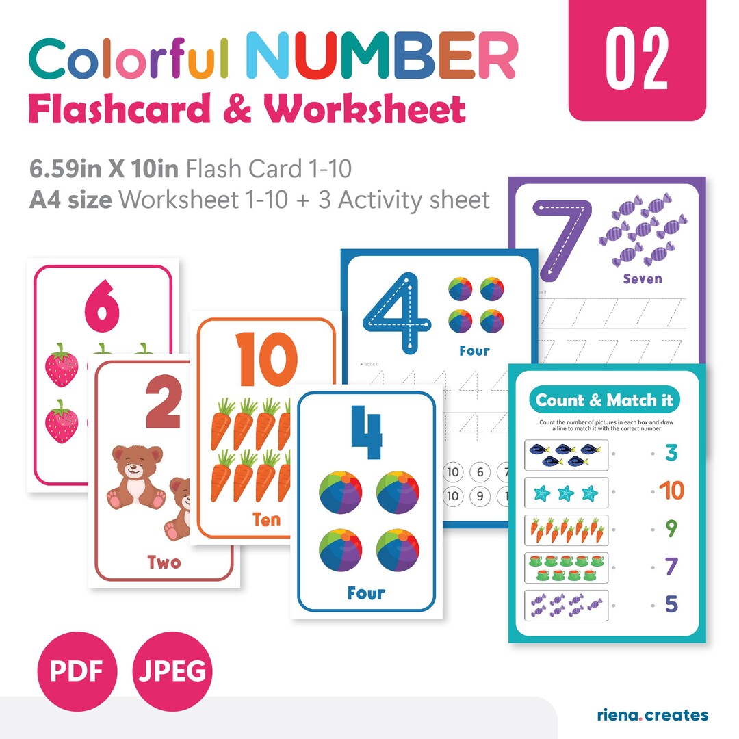 Colorful Number Flashcard and Worksheet | Preschool and Kindergarten ...