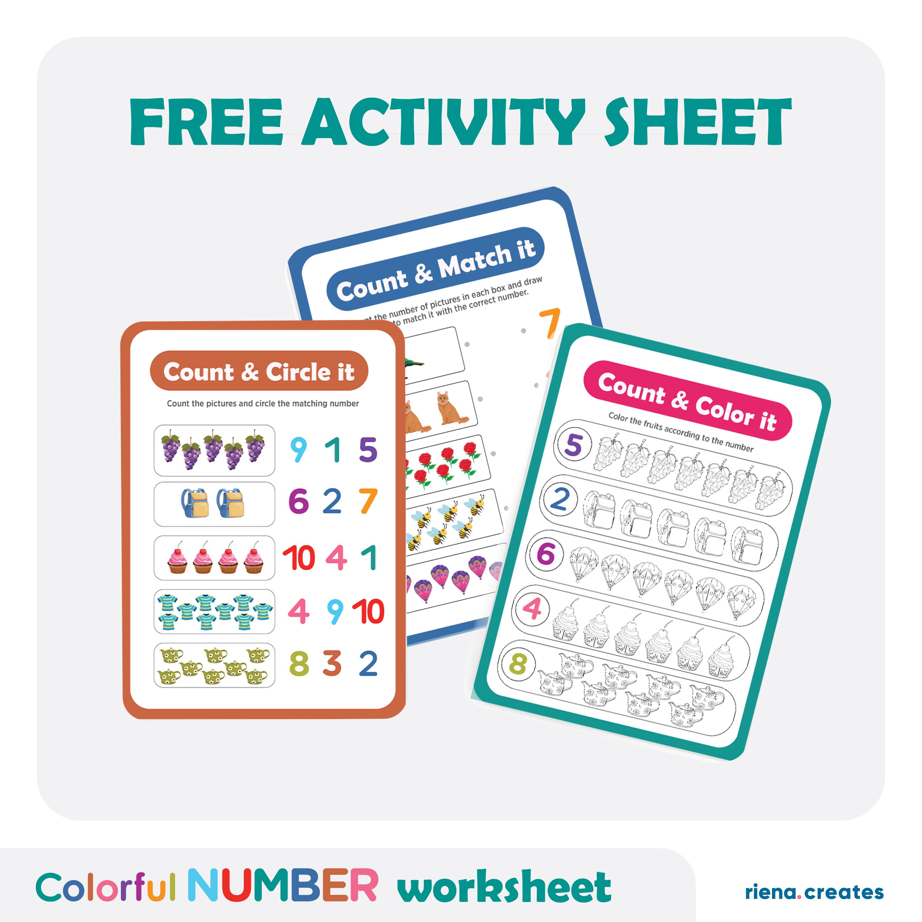 Colorful Number Flashcard and Worksheet | Preschool and Kindergarten ...