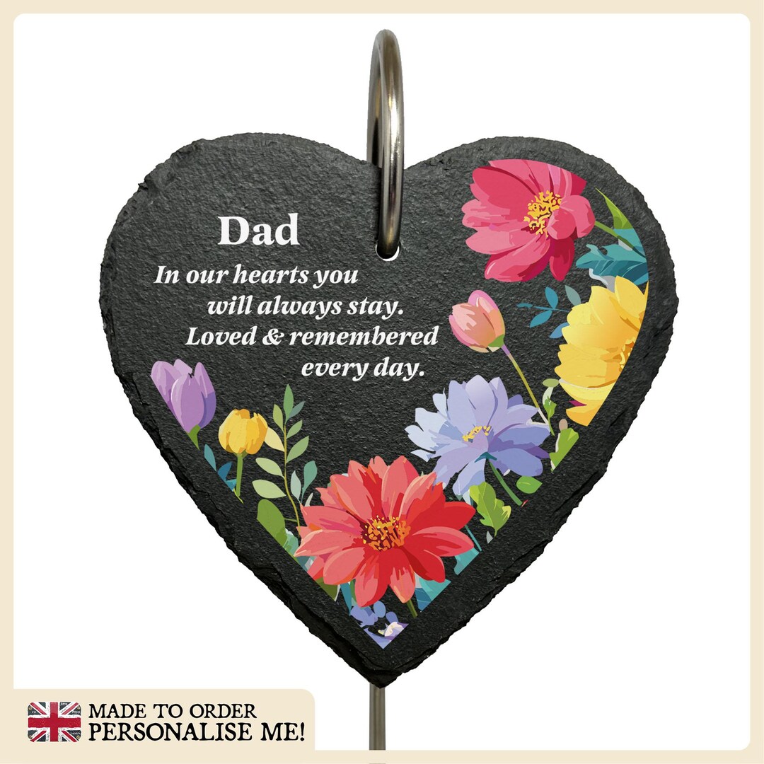 Personalised Dad Grave Marker With Flowers – Slate Heart Memorial Sign ...