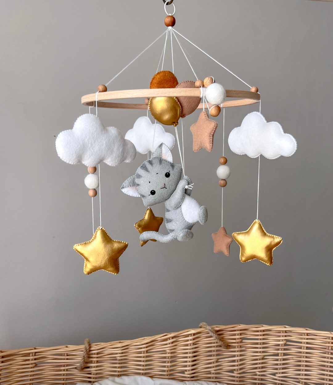 Kitten Baby Mobile Crib Mobile With Kitten , Stars and Clouds Felt ...