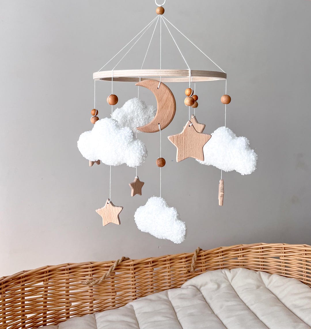 Wooden Moon Baby Mobile Crib Mobile With Moon, Stars and Boucle Clouds ...