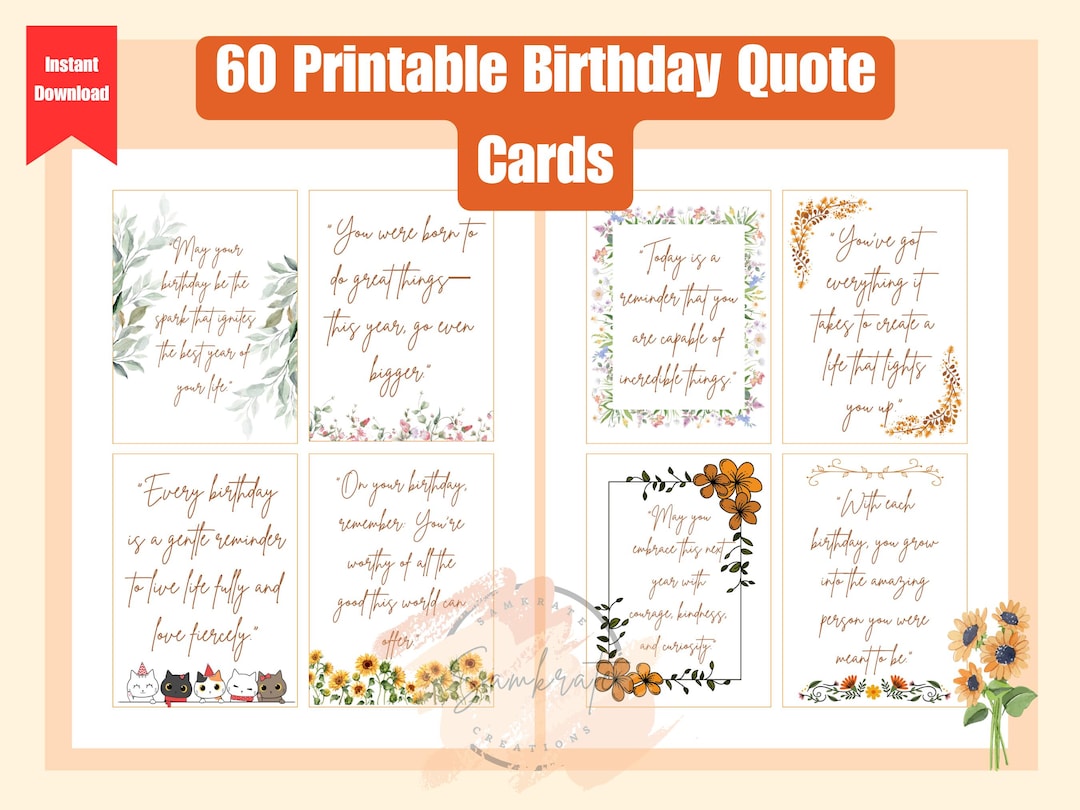 60 Printable Birthday Quote Cards: Journal & Collage Ephemera (PDF ...