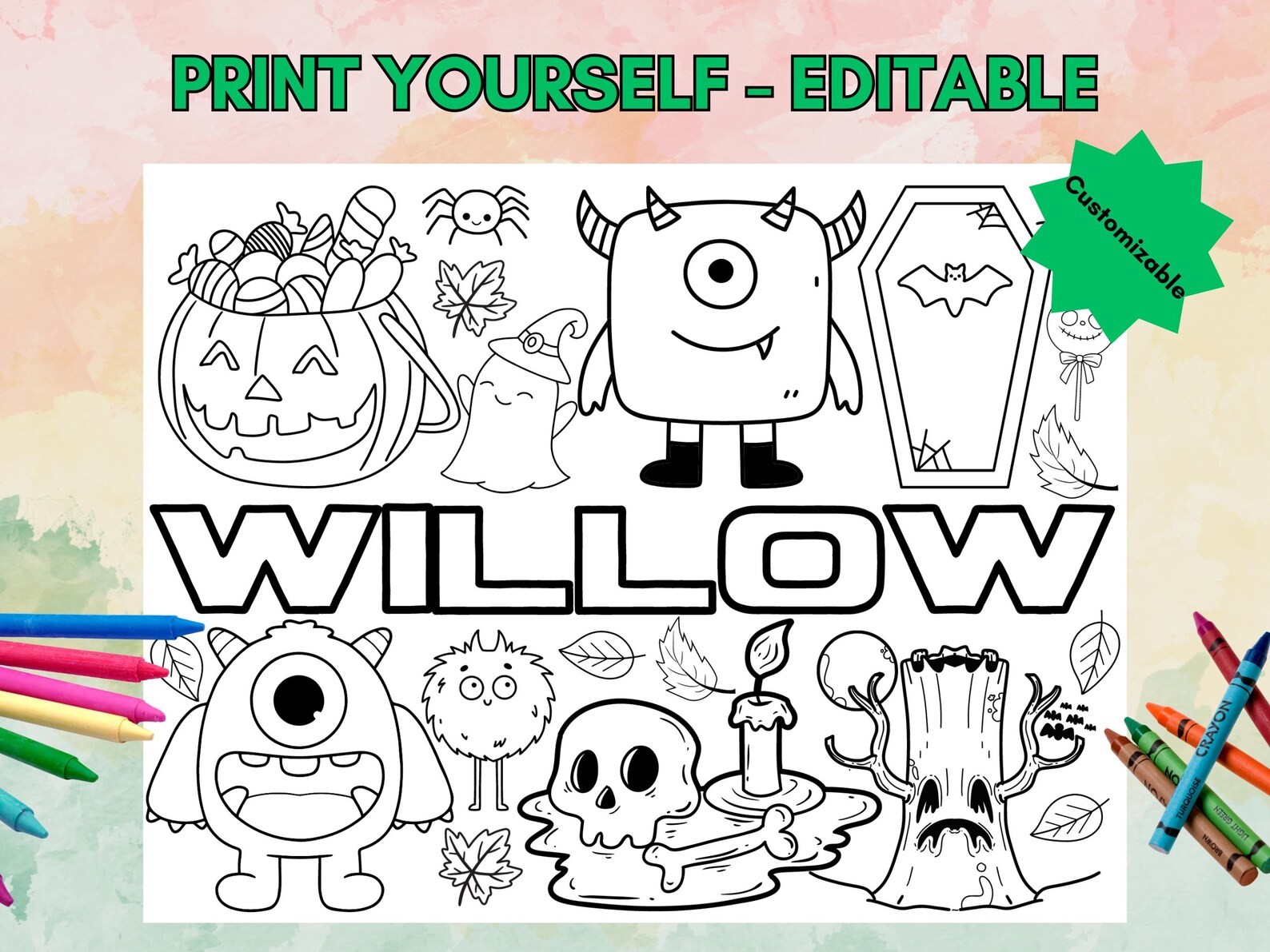Fall Customizable Coloring Pages for Kids Personalized Halloween ...