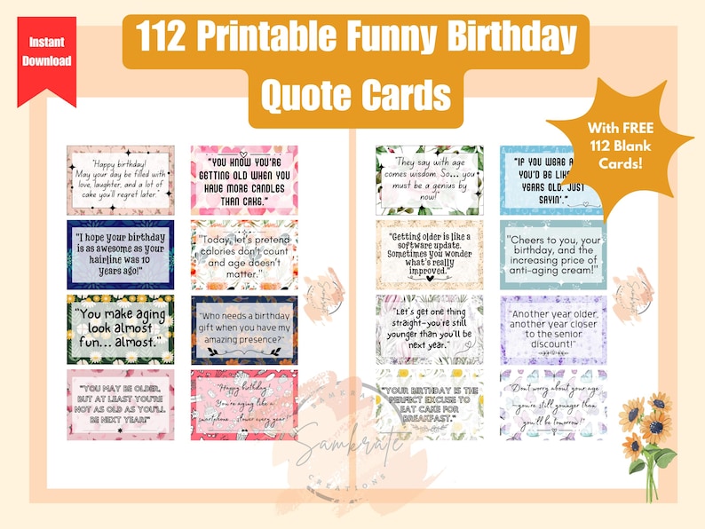 112 Funny Birthday Quote Cards: Printable Journal Ephemera (digital ...
