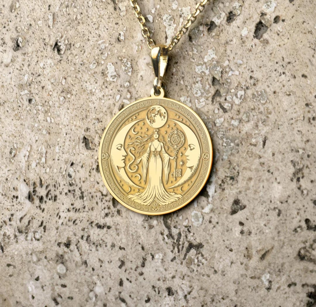14K Gold Hecate Key Medallion Necklace, Triple Moon Goddess Pendant ...
