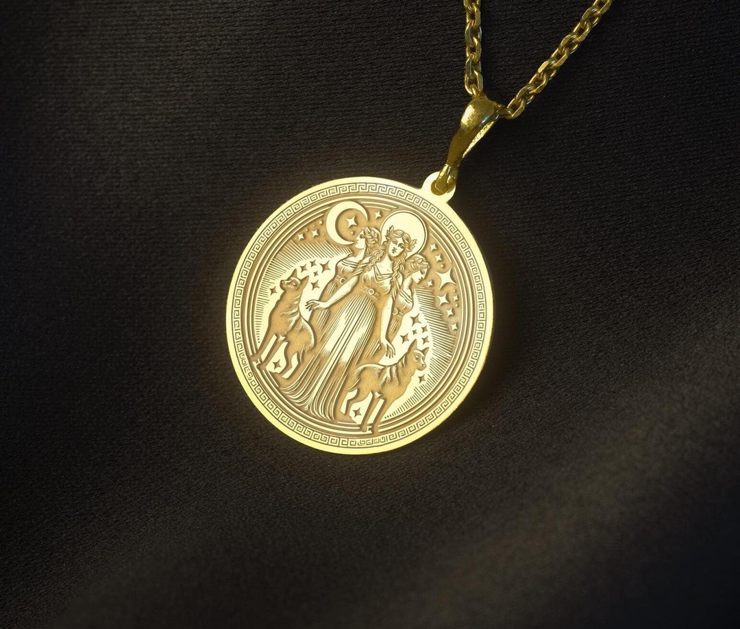14k Solid Gold Hecate Goddess Necklace: Engraved Charm Pendant - Etsy