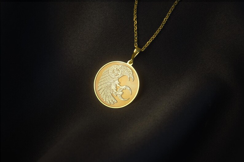 14k Solid Gold Celtic Raven Necklace: Engraved Medallion Pendant - Etsy