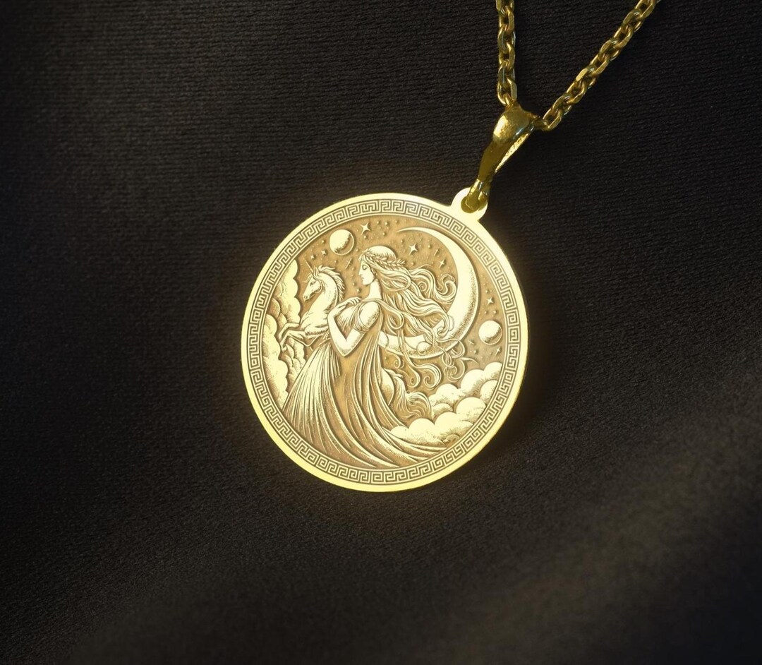 14k Solid Gold Selene Necklace, Selene Moon Goddess Necklace, Silver ...