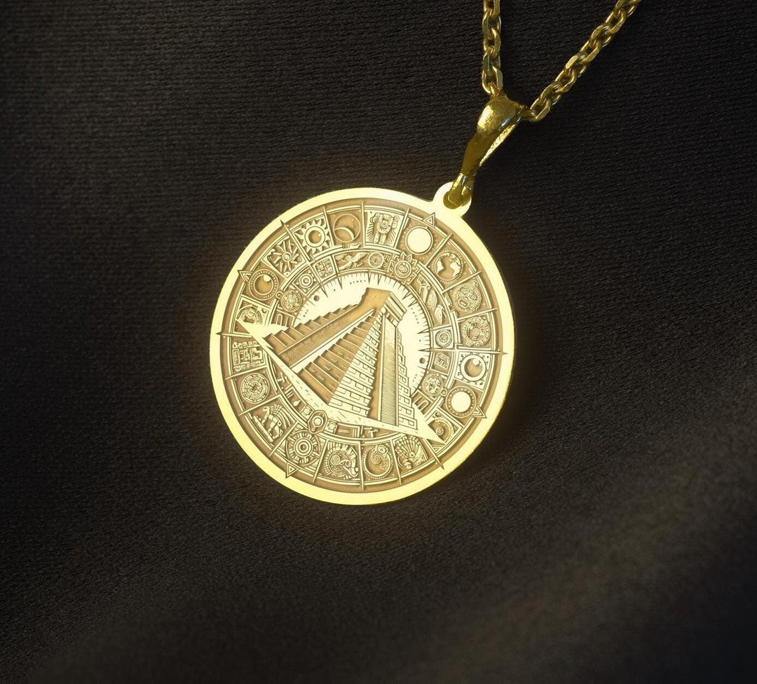 Sterling Silver Kukulkan Pyramid Necklace, Mayan Necklace, Gold Mayan ...