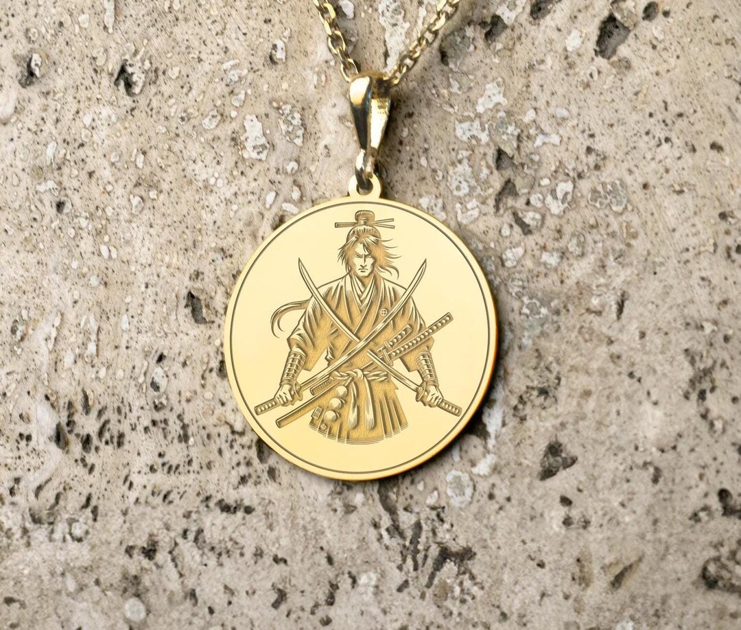 14k Gold Samurai Necklace: Miyamoto Musashi Pendant, Engraving ...