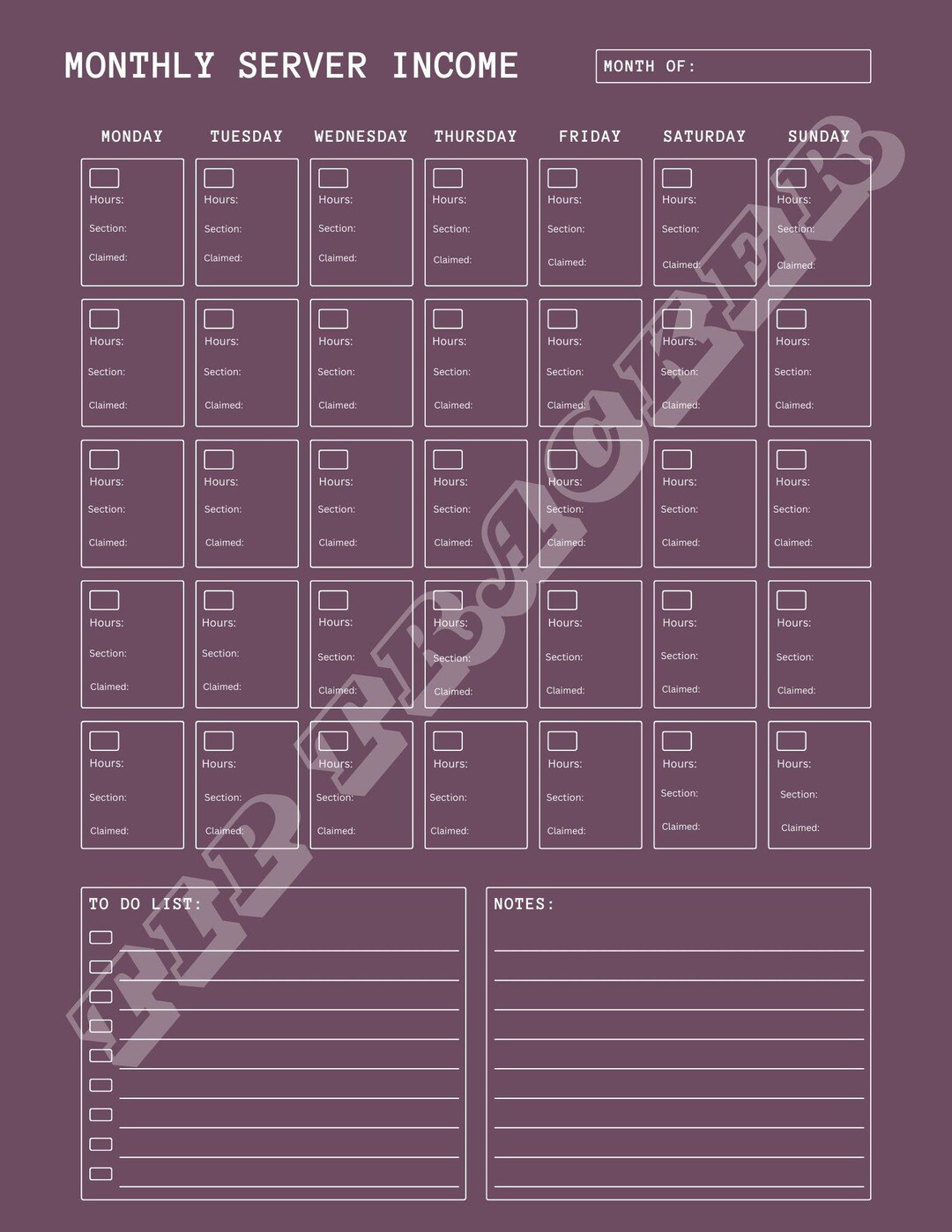 Printable Tip Tracker For Waitress Servers Etsy