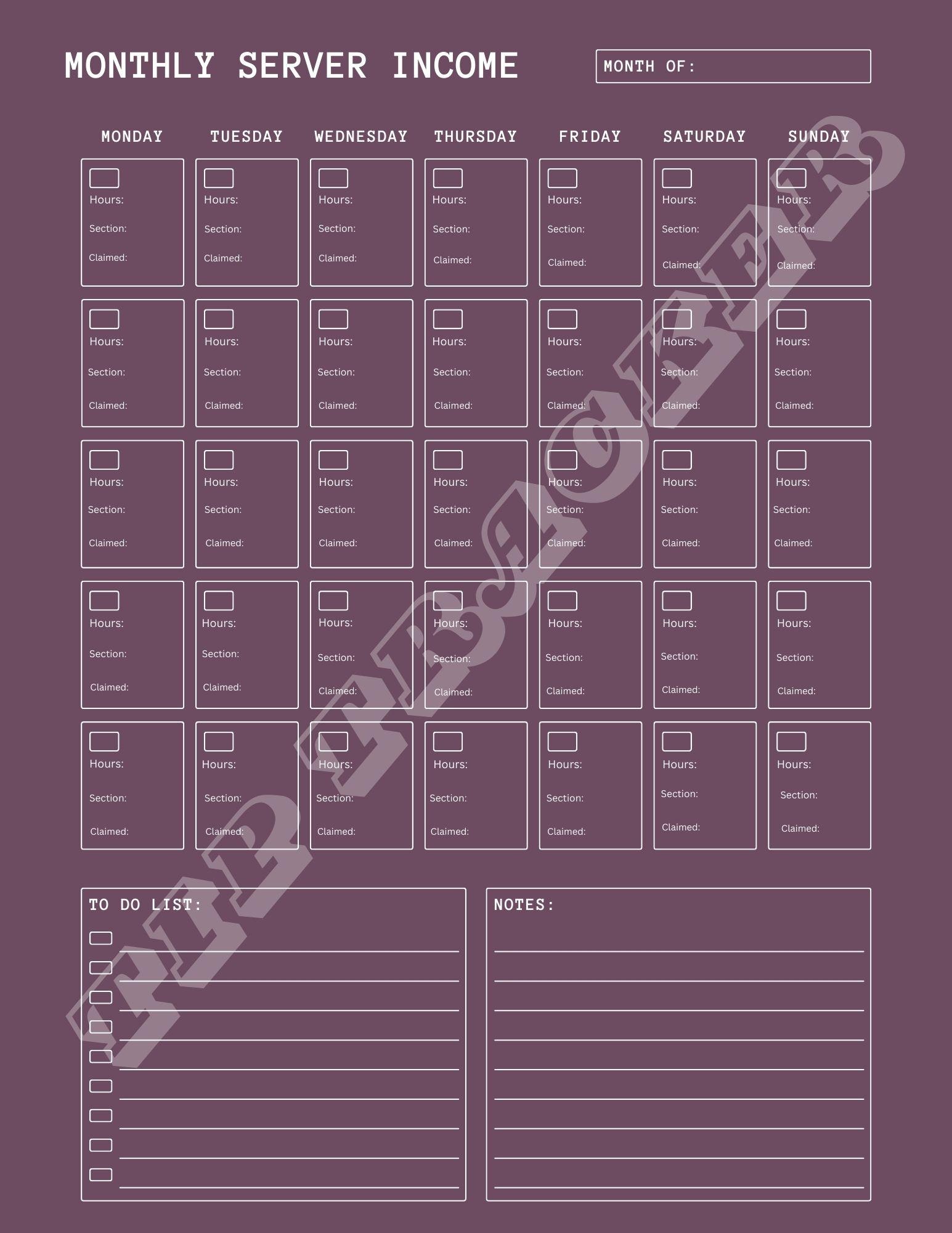 Printable Tip Tracker for Waitress/ Servers - Etsy