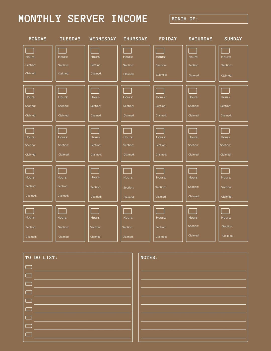 Printable Tip Tracker for Waitress/ Servers - Etsy