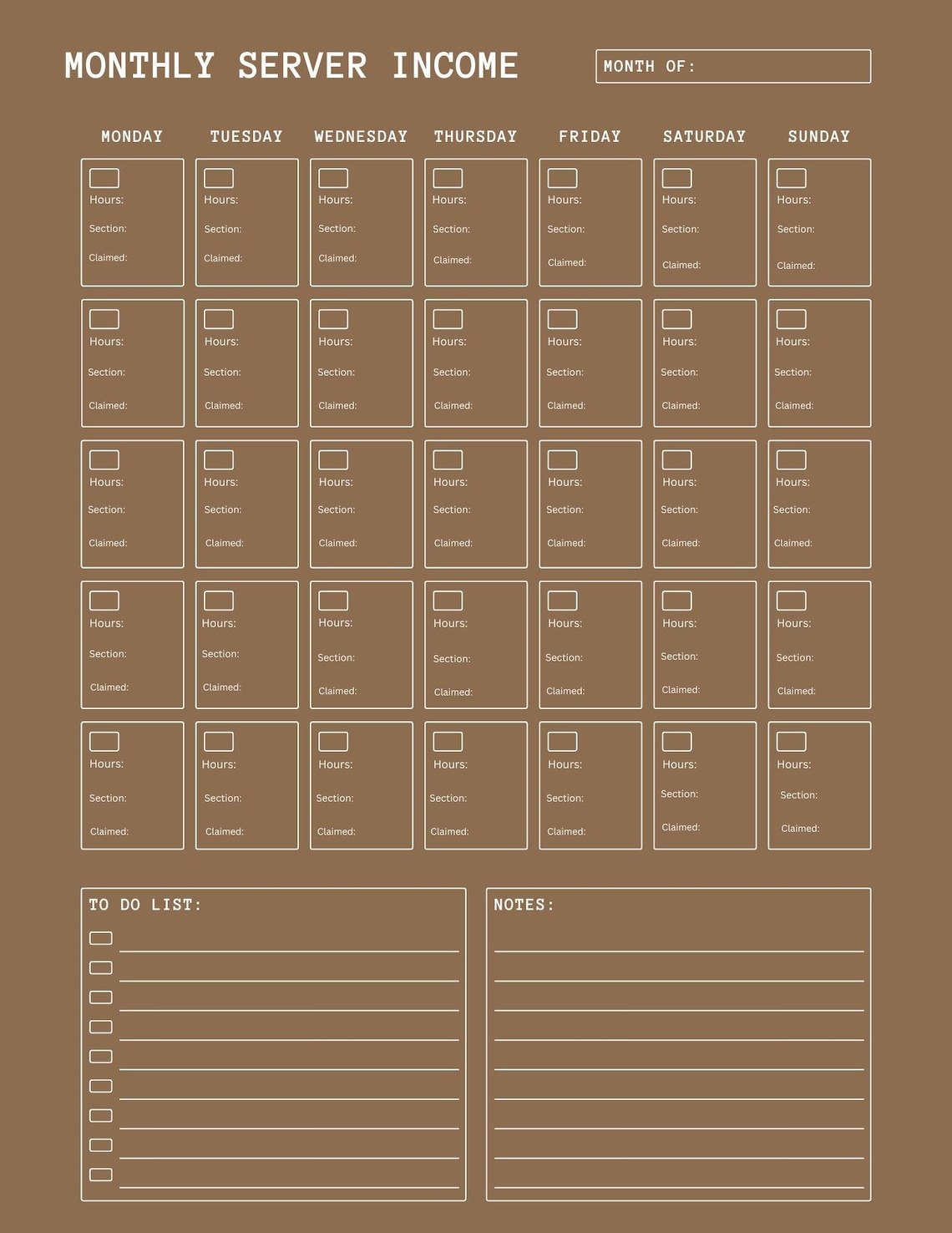 Printable Tip Tracker for Waitress/ Servers - Etsy