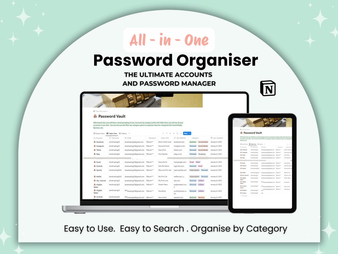 Password Keeper Organiser & Tracker Notion Template, Notion Password Manager, Accounts and ...