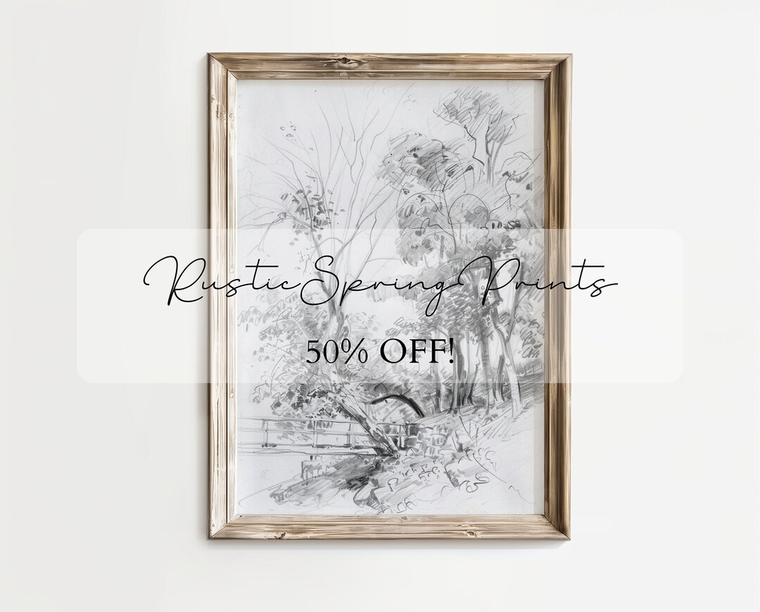 Rustic Landscape Sketch, Pine Trees Water Bridge Drawing, Farmhouse ...