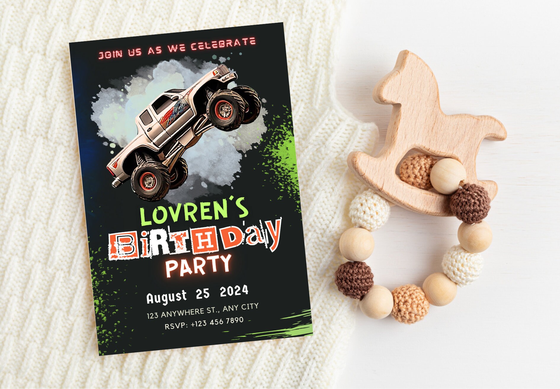 Truck Rally Birthday Party Invitation for Boy, DIY Monster Truck ...