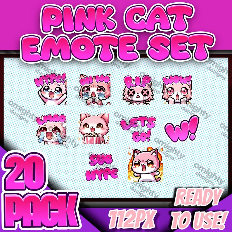 Cute Pink Cat Emote Set – 20 Pack | 112px | Twitch, Discord, Youtube ...