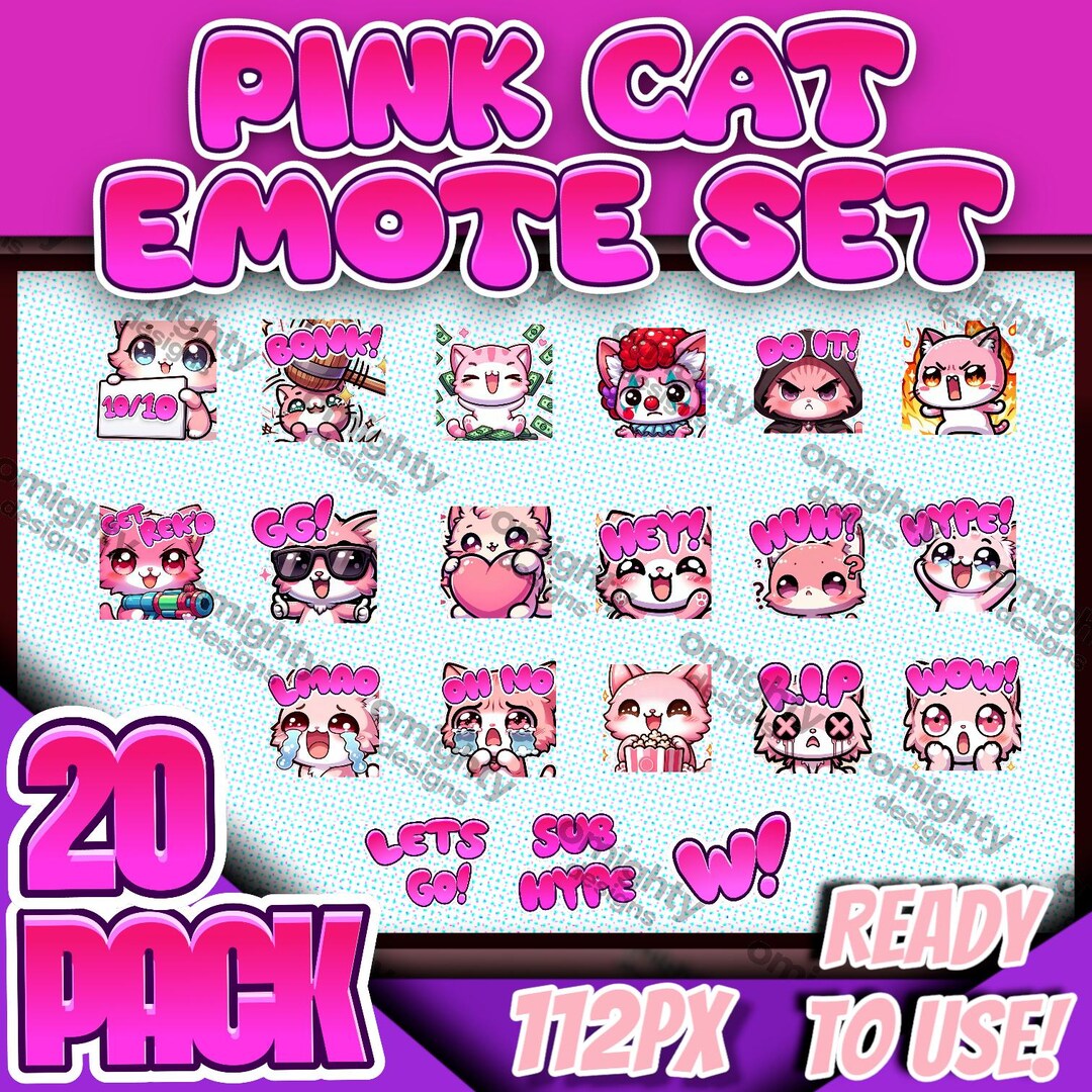 Cute Pink Cat Emote Set – 20 Pack | 112px | Twitch, Discord, Youtube ...