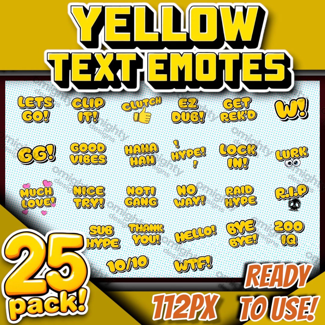 Yellow Bubble Text Emotes: 25 Pack for Twitch, Youtube, Discord (112px ...