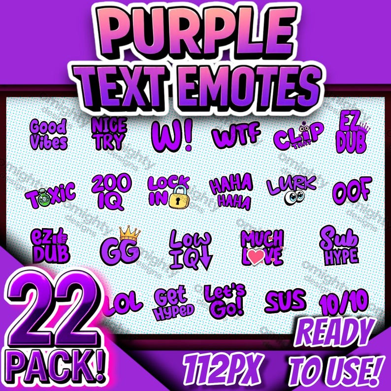 22 PURPLE Text Emotes: Twitch, Youtube, Discord (112px) (digital ...