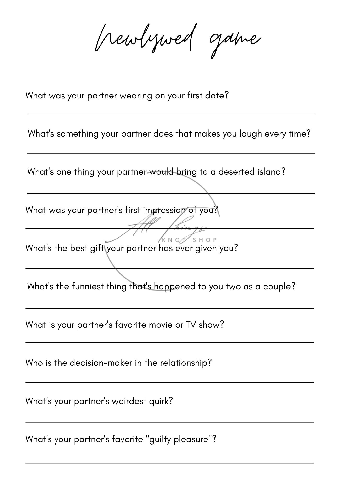 Newlywed Game Bridal Shower Game Modern Bridal Shower Engagement