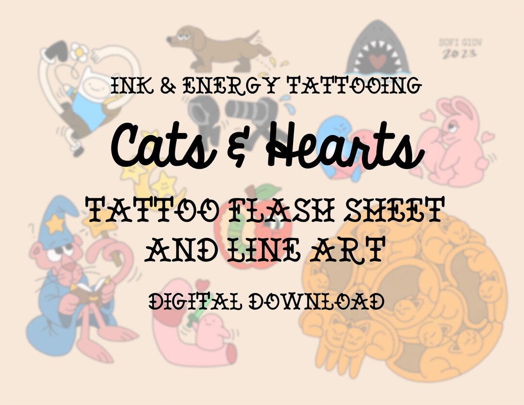 Printable Tattoo Flash - Cats and Hearts - Etsy