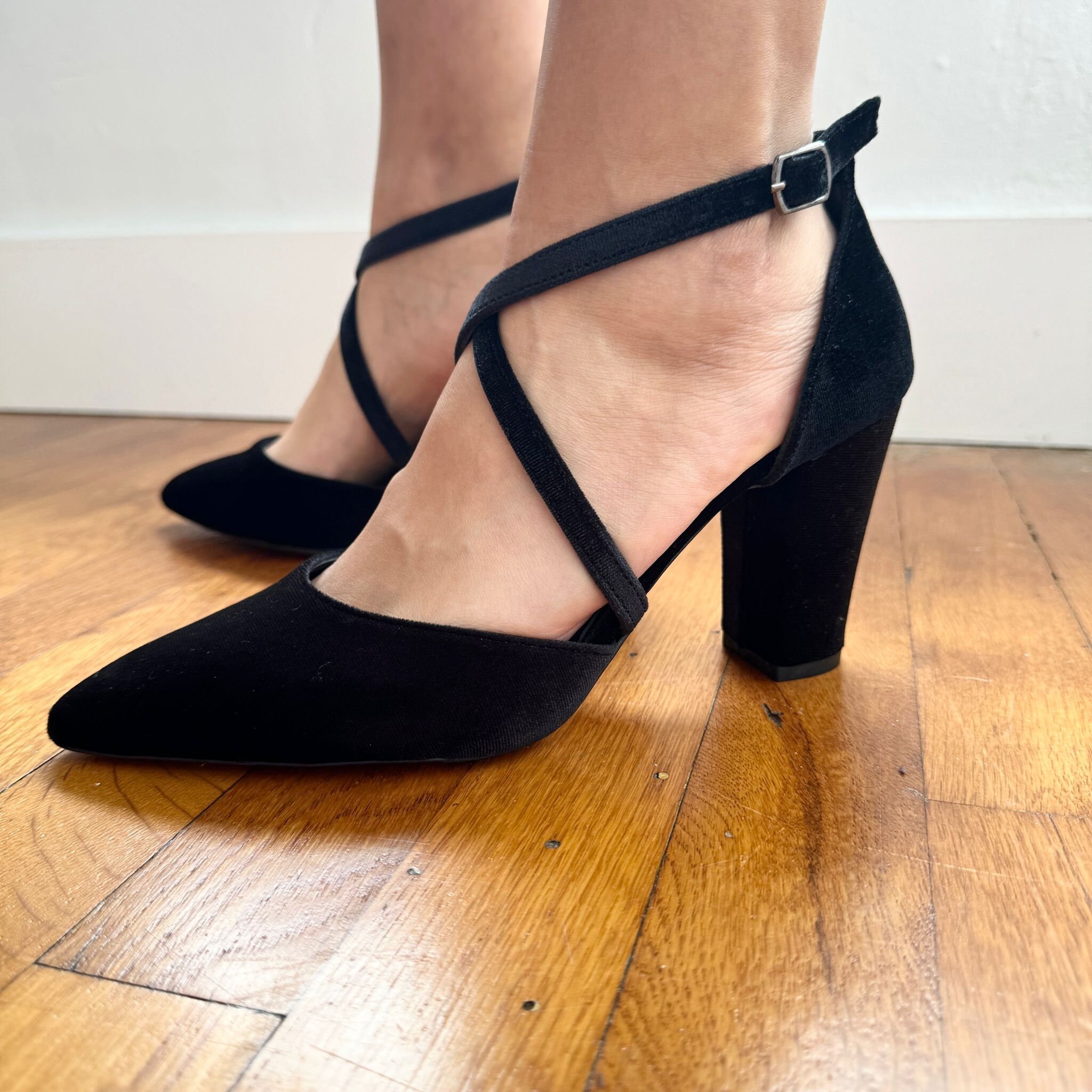 Black Velvet Block Heels, Black Velvet High Heels, Black Velvet Shoes ...