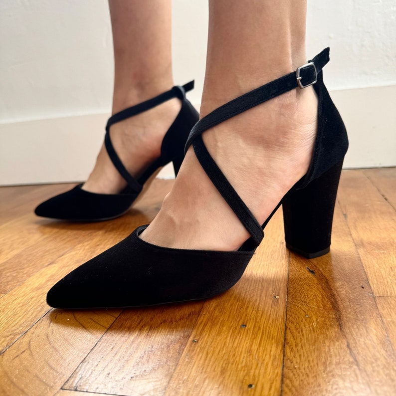 Black Velvet Block Heels, Black Velvet High Heels, Black Velvet Shoes ...