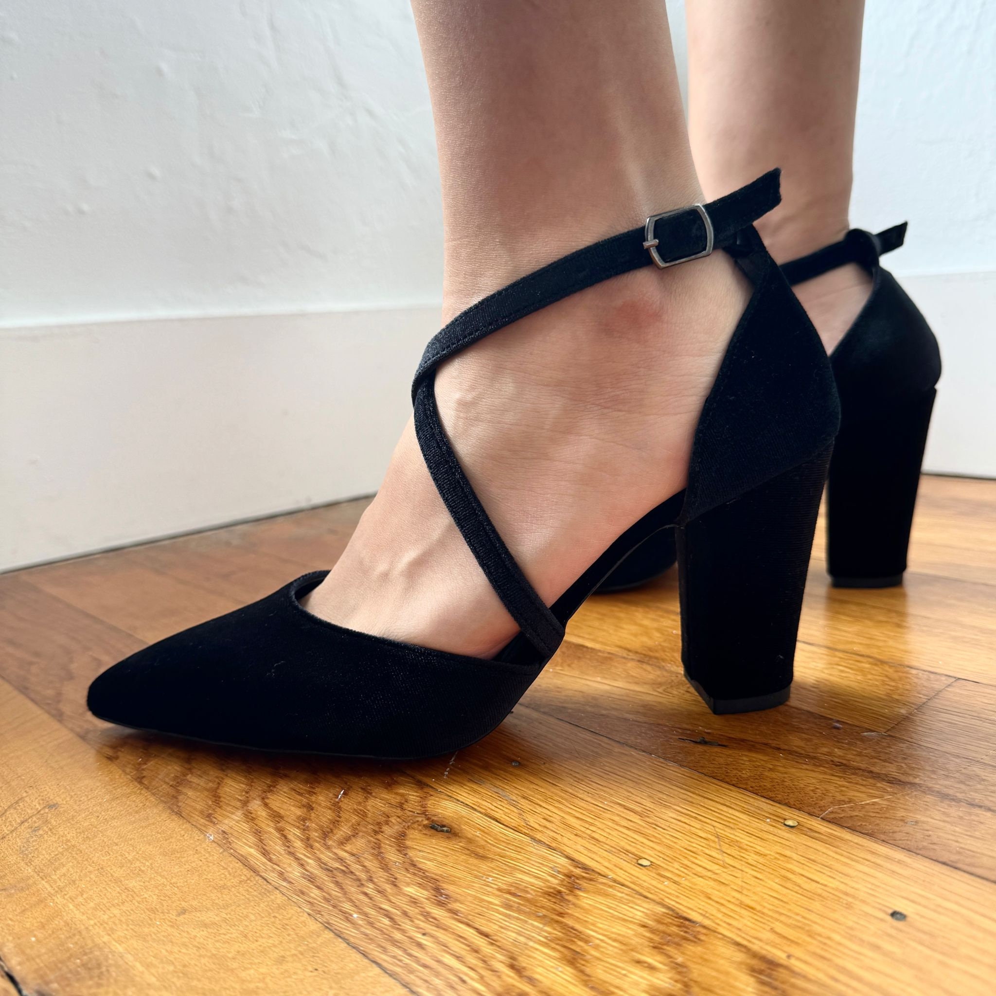 Black Velvet Block Heels, Black Velvet High Heels, Black Velvet Shoes ...